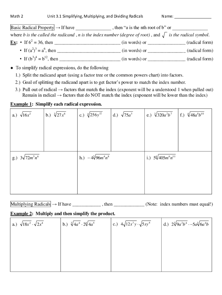 Fillable Online Unit # 3Simplifying, Multiplying, and Dividing Radicals ...