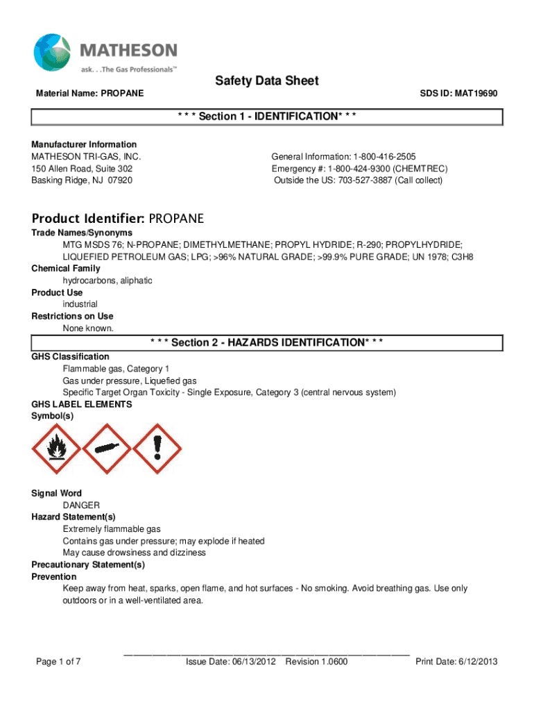 Fillable Online Get the free Safety Data Sheet Material Name: PROPANE ...
