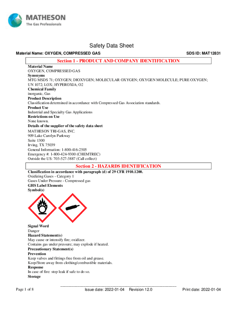 Fillable Online Oxygen Compressed Gas Material Safety Data Sheet ...