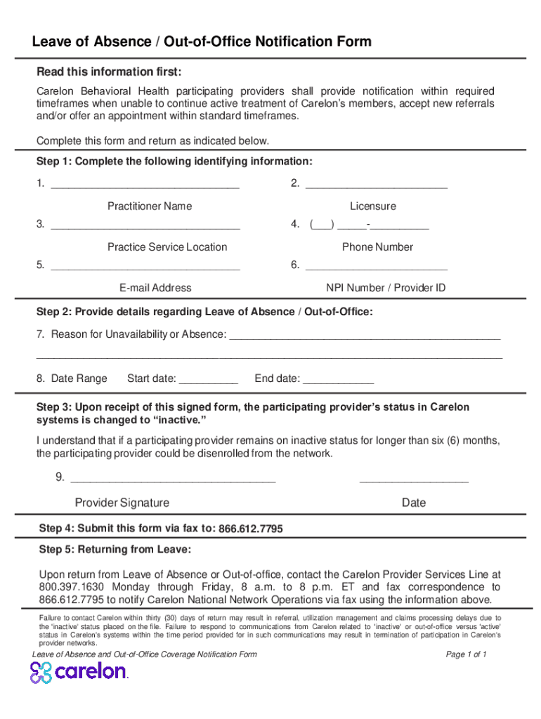 Fillable Online Leave of Absence Out of Office Notification Form Fax Email Print - pdfFiller