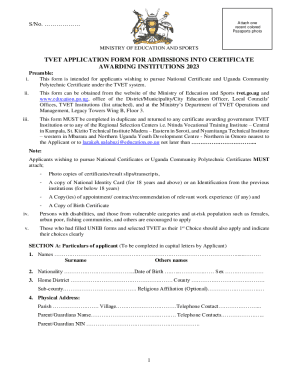 Fillable Online TVET APPLICATION FORM FOR ADMISSIONS INTO ... Fax Email ...