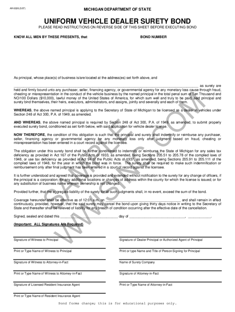 Fillable Online Motor Vehicle Dealer Continual Bond - Vermont DMV Fax ...