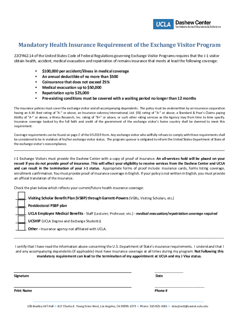 Fillable Online internationalcenter ucla Mandatory Health Insurance Requirement of the Exchange ...