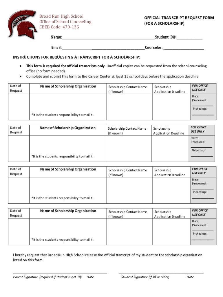 Fillable Online Briar Woods High School - Transcript Release Form Fax ...