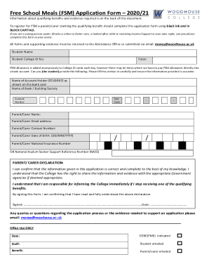 Fillable Online Free School Meals (FSM) Application Form 2020/21 Fax ...