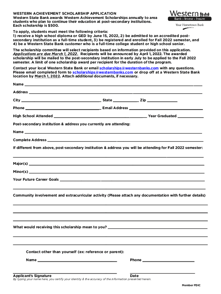 Fillable Online western achievement scholarship application Fax Email Print - pdfFiller