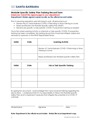 Fillable Online Worksite Specific Safety Plan Training Record Form Fax ...