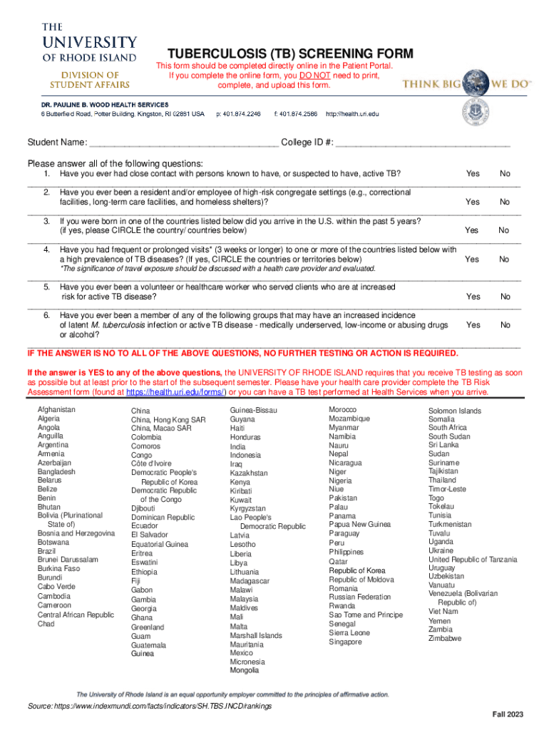 Fillable Online TB Screening Form Select Forms, then choose ... Fax ...