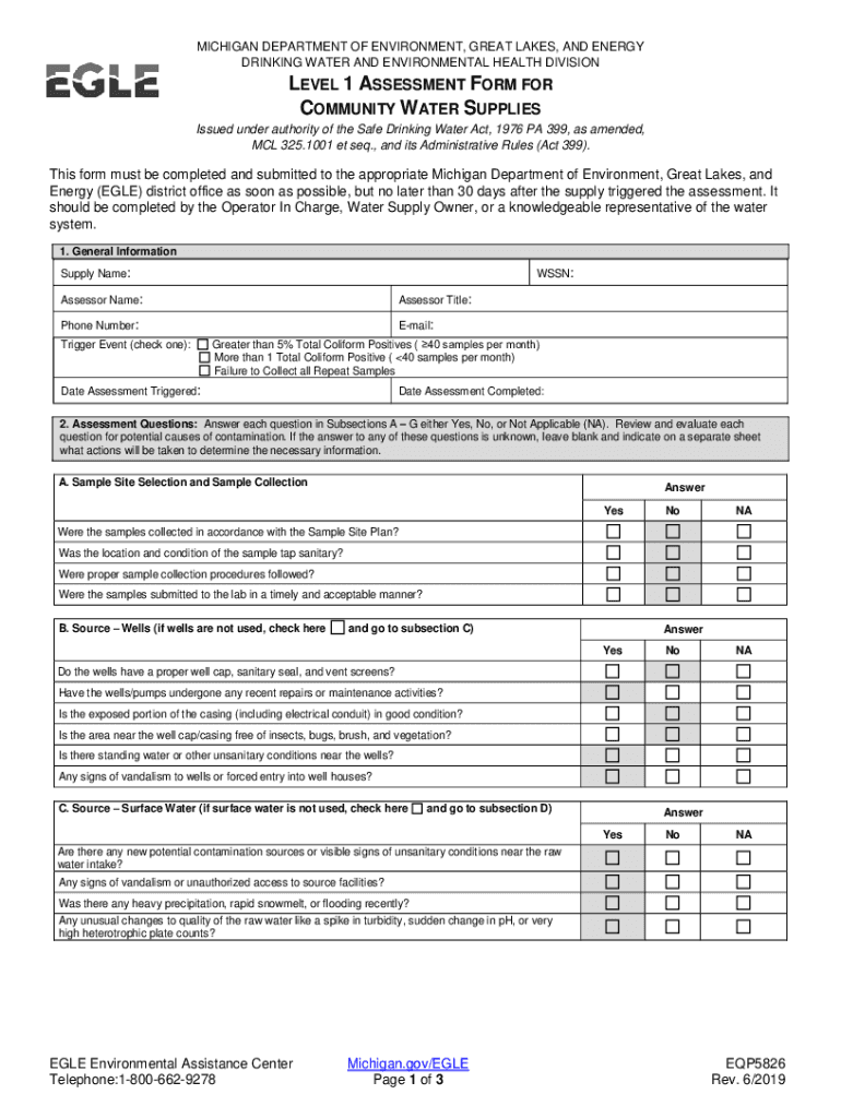 Fillable Online LEVEL 1 ASSESSMENT FORM FOR COMMUNITY WATER ... Fax ...