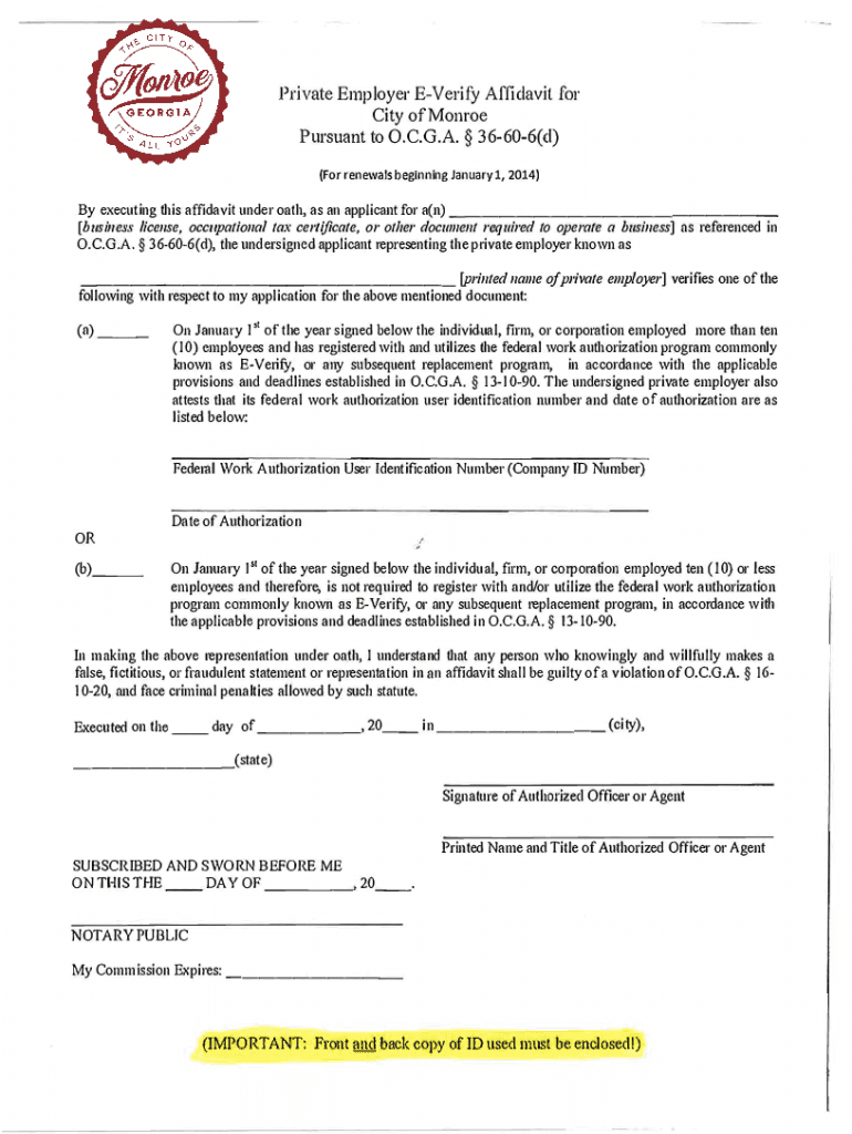 Fillable Online Private Employer E-Verify Affidavit for City of Monroe ...