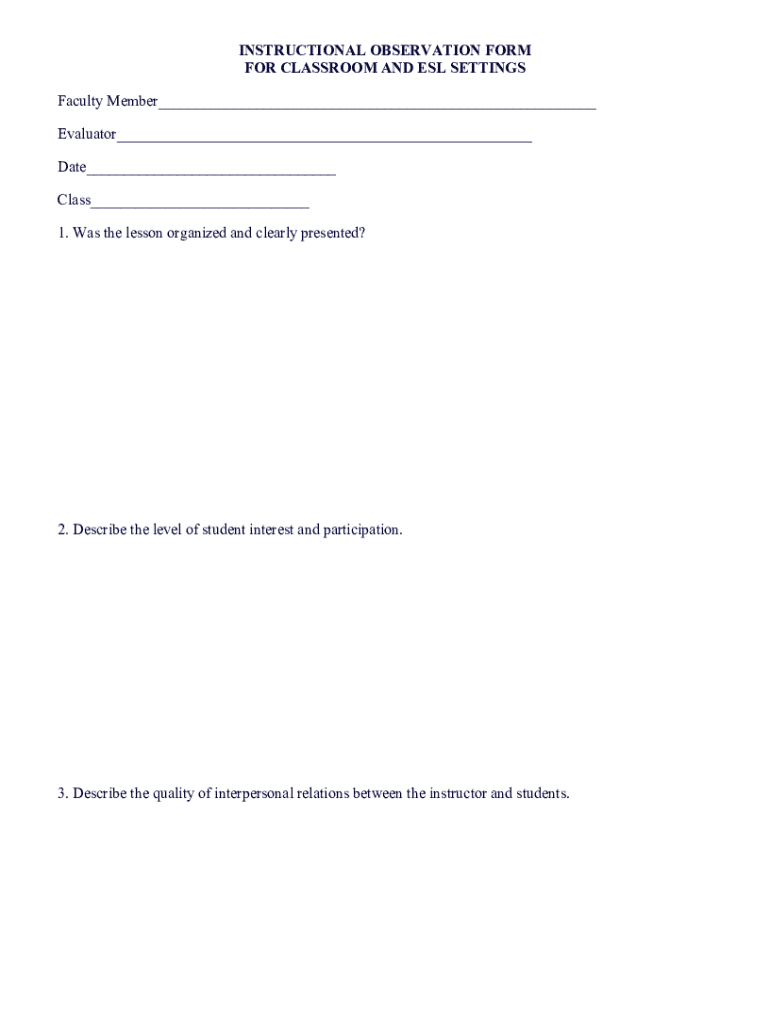 Fillable Online INSTRUCTIONAL OBSERVATION FORM FOR ... Fax Email Print - pdfFiller