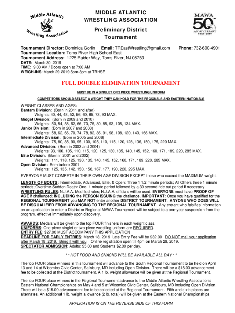 Fillable Online M.A.W.A. District Tournament - Toms River East High ...
