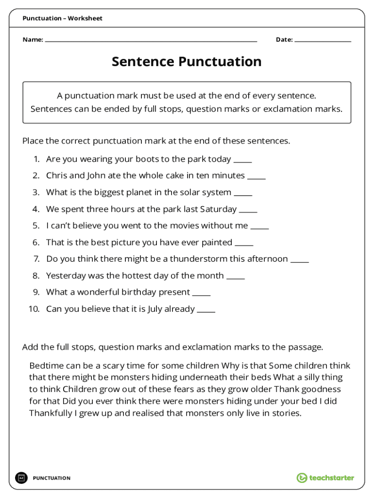 Fillable Online End Punctuation Worksheets Fax Email Print - pdfFiller