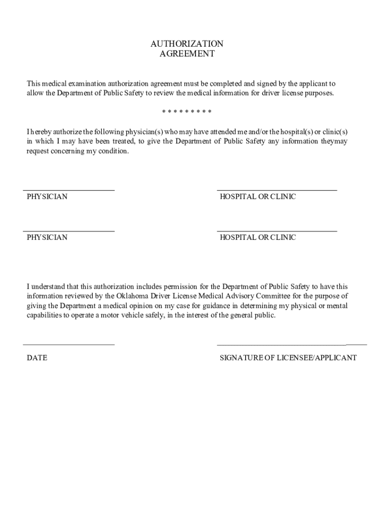 2023 Form OK Medical Examination Authorization Agreement Fill Online Printable Fillable Blank