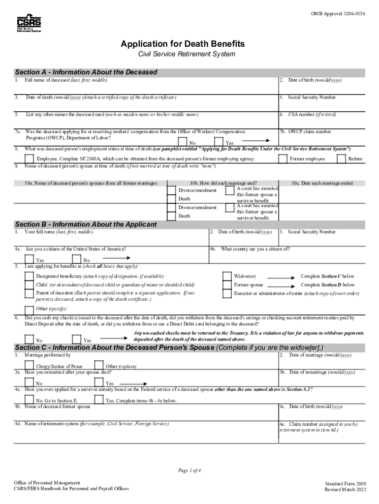 Fillable Online Standard Form 2800 - Application for Death Benefits ...