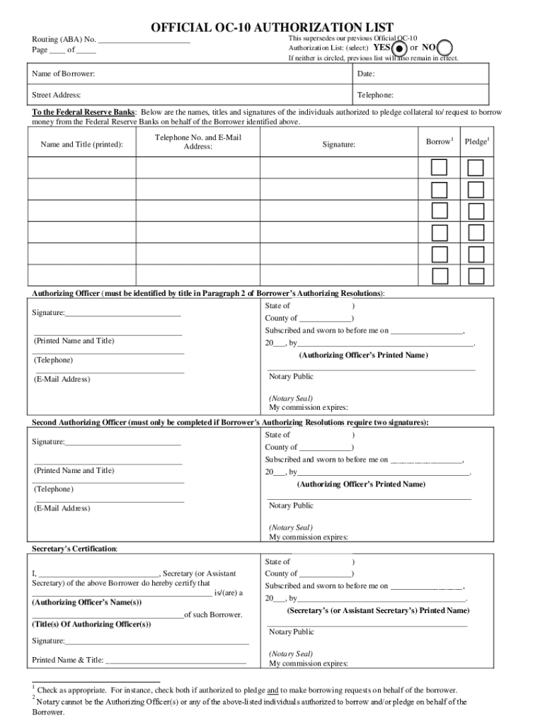 Fillable Online Fillable Online frbsf Official OC-10 Authorization list ...
