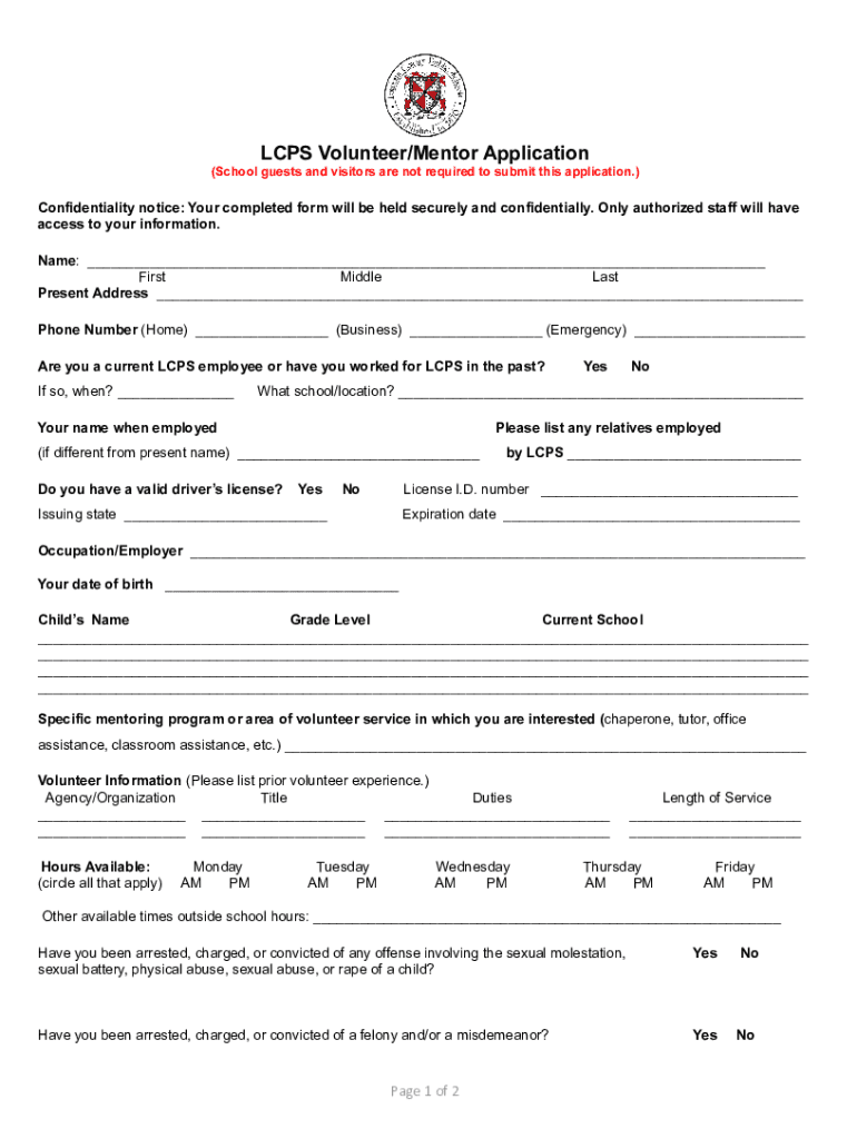 Fillable Online LCPS Volunteer-Mentor Application Form 2022 (FINAL - 10 ...