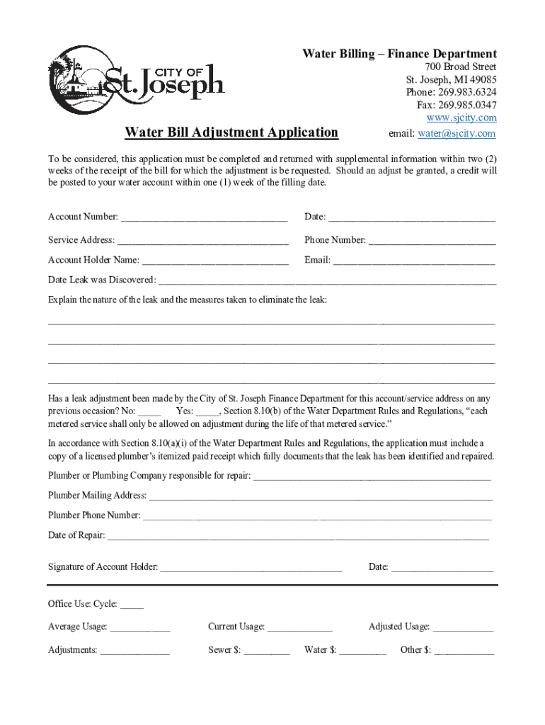 Fillable Online Water Billing Forms and DocumentsSt. Joseph Michigan ...