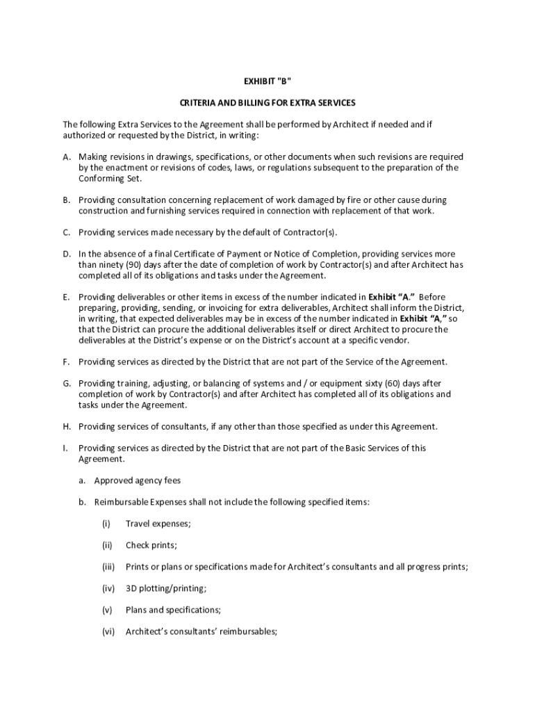 Fillable Online EXHIBIT "B" CRITERIA AND BILLING FOR EXTRA SERVICES The ...