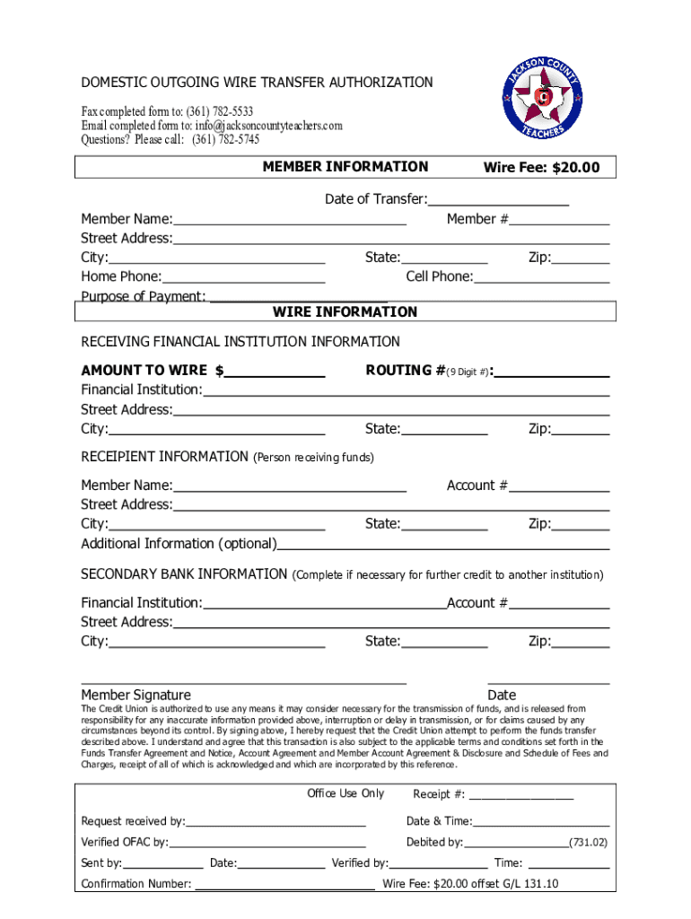 Fillable Online domestic outgoing wire transfer authorization Fax Email ...