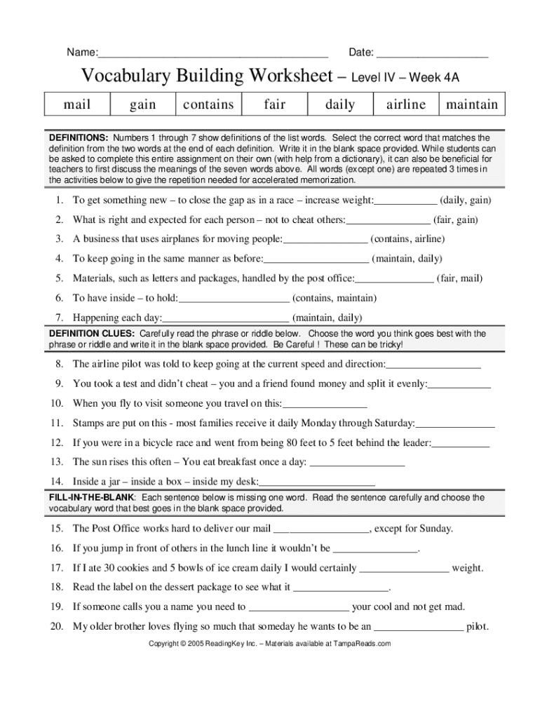 Fillable Online Vocabulary Building WorksheetLevel IVWeek 4A Fax Email ...