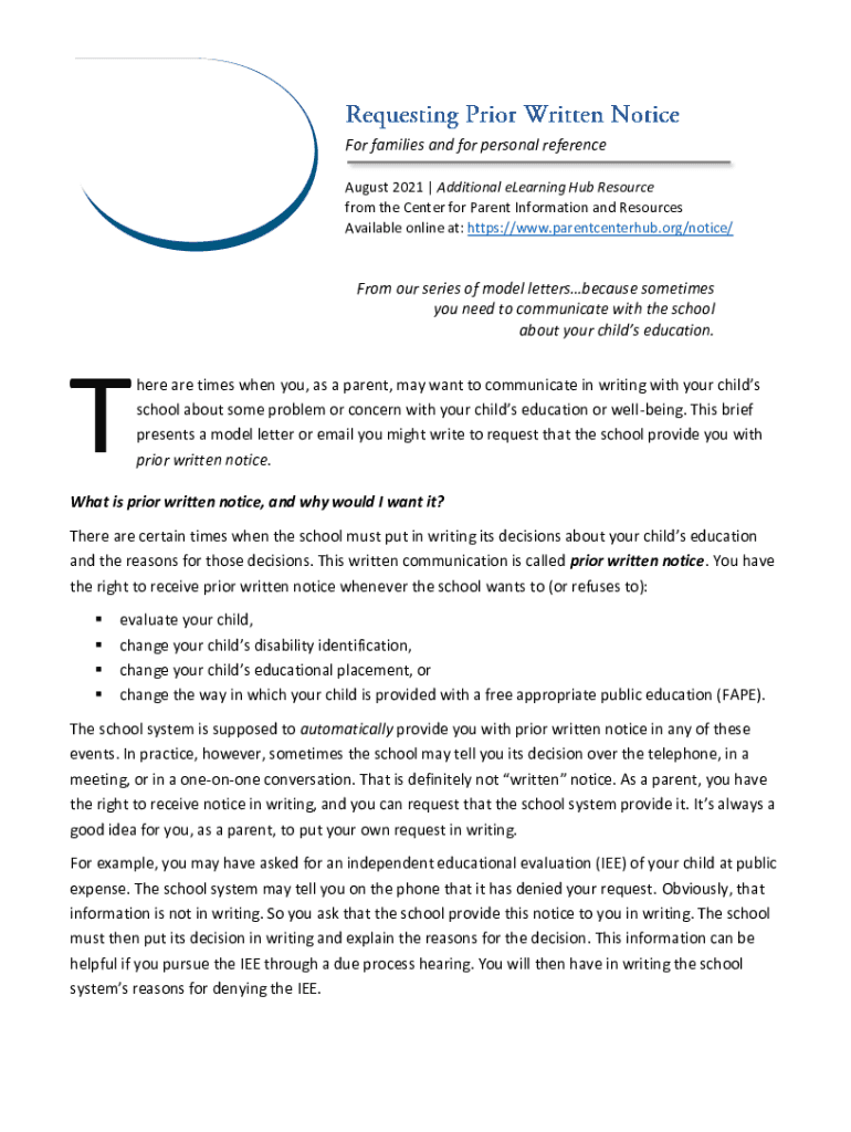 Fillable Online Model Letter Requesting Prior Written Notice Fax Email ...