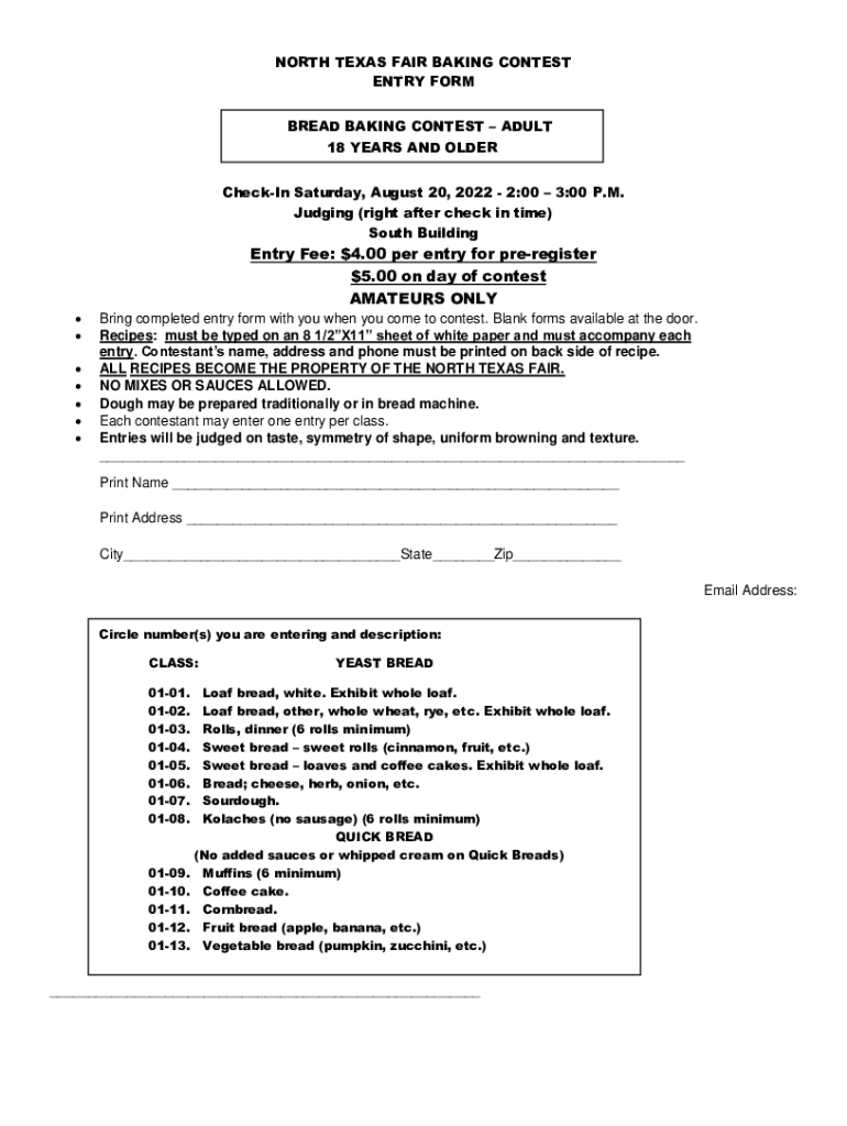 Fillable Online Bread Baking ContestState Fair of Texas Fax Email Print ...