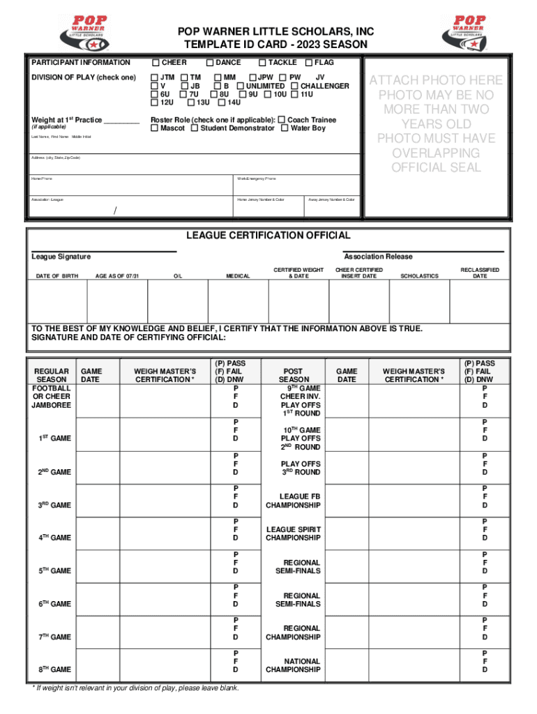 Fillable Online pop warner little scholars, inc template id card - 2023 ...