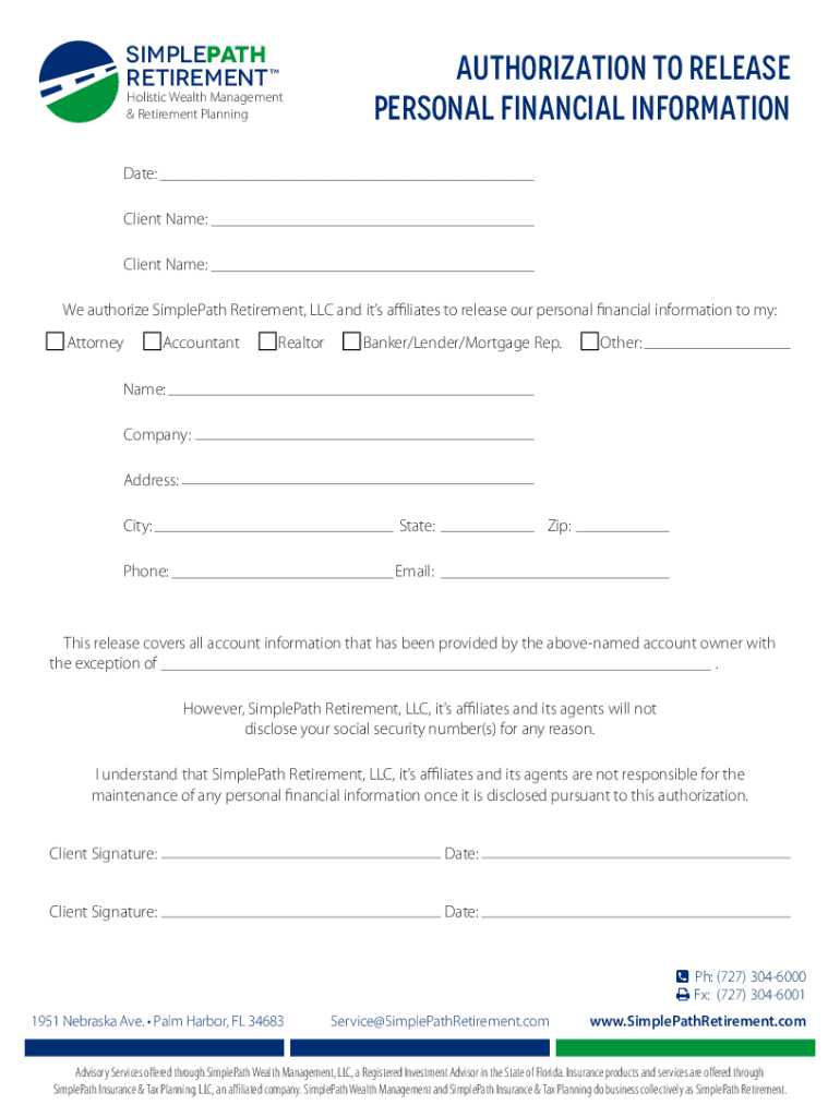 Fillable Online Authorization to Release Personal Financial Information Fax Email Print - pdfFiller