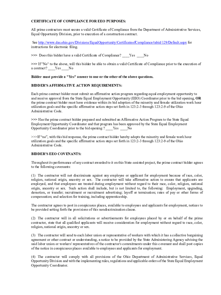 Fillable Online CERTIFICATE OF COMPLIANCE FOR EEO PURPOSES Fax Email ...
