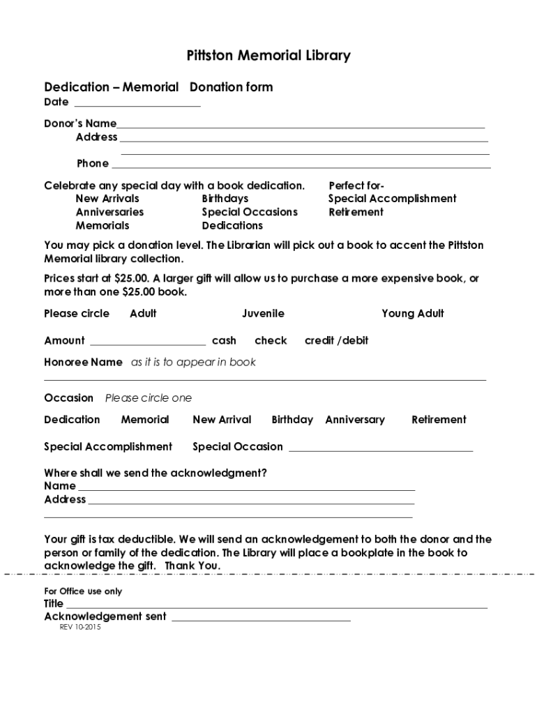 Fillable Online DedicationMemorial Donation form Fax Email Print ...