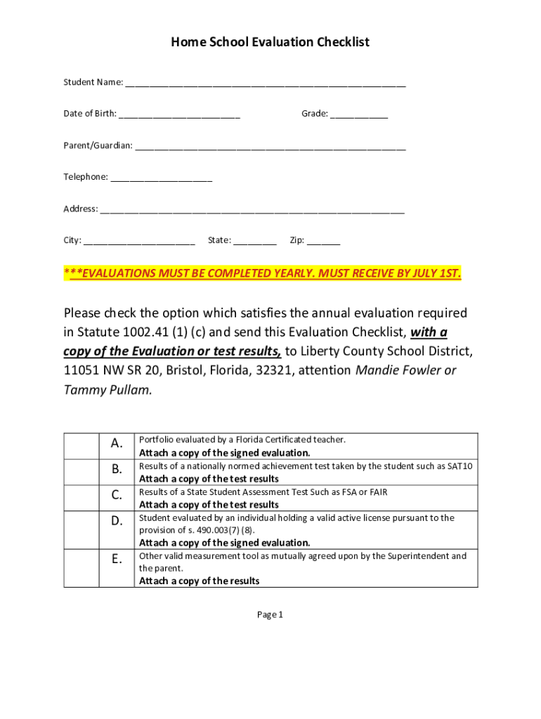 Fillable Online Home School Evaluation Checklist - Connect Suite Fax ...