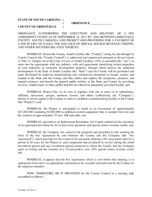 Fillable Online AN ORDINANCE AUTHORIZING THE EXECUTION AND DELIVERY OF A FEE AGREEMENT BY AND ...