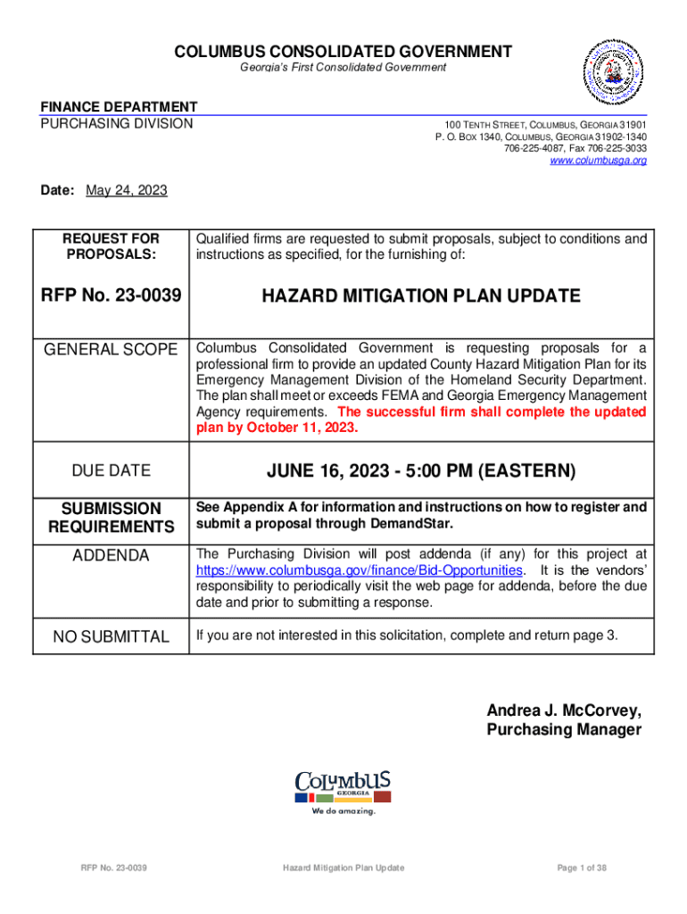 Fillable Online RFP No. 23-0039 HAZARD MITIGATION PLAN UPDATE JUNE 16 ... Fax Email Print ...