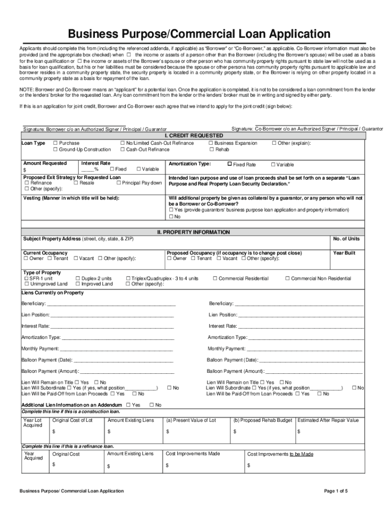 Fillable Online COMMERCIAL BUSINESS PURPOSE LOAN APPLICATION Fax Email ...