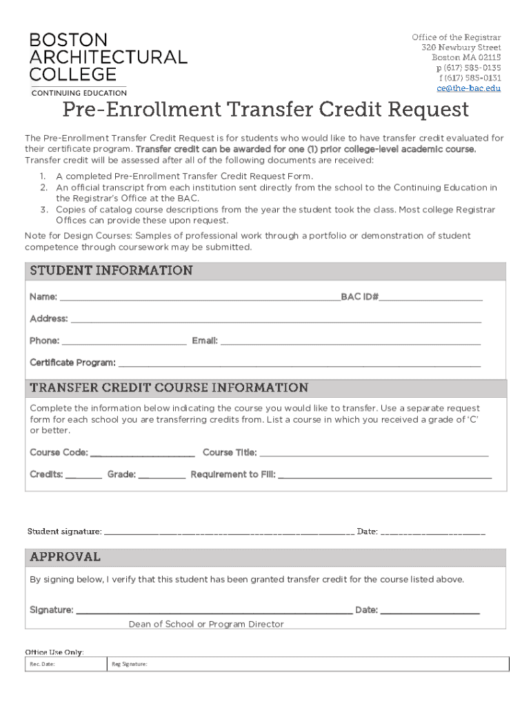 Fillable Online The Pre-Enrollment Transfer Credit Request is for ...