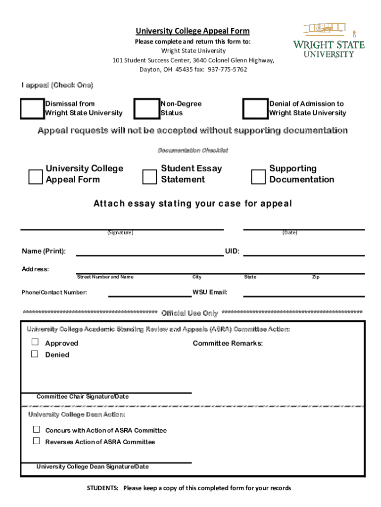 Fillable Online UNIVERSITY COLLEGE APPEAL FORM Fax Email Print - pdfFiller