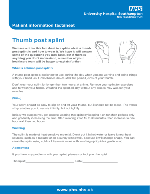 Fillable Online Gauntlet thumb post splint for Functional Positioning ...