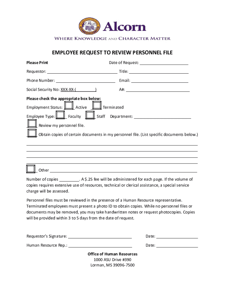 Fillable Online EMPLOYEE REQUEST TO REVIEW PERSONNEL FILE Fax Email ...