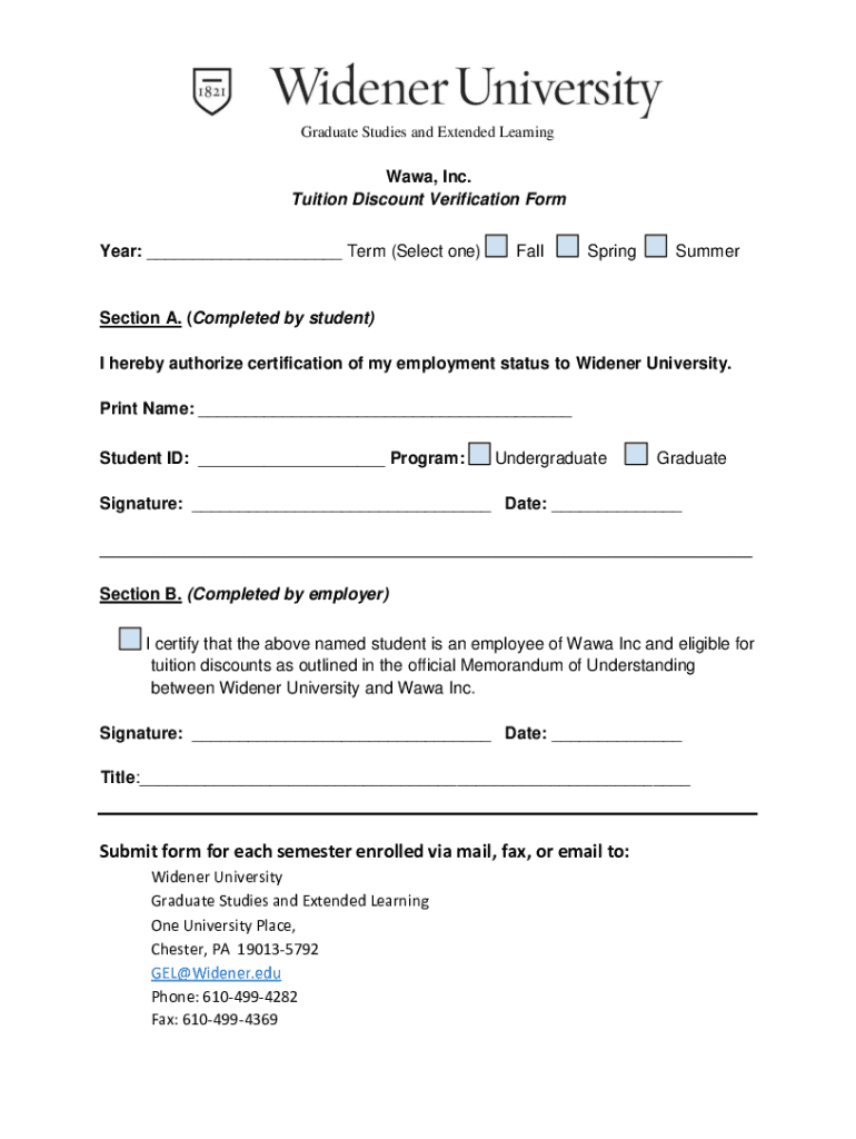 Fillable Online Wawa, Inc. Tuition Discount Verification Form Fax Email ...