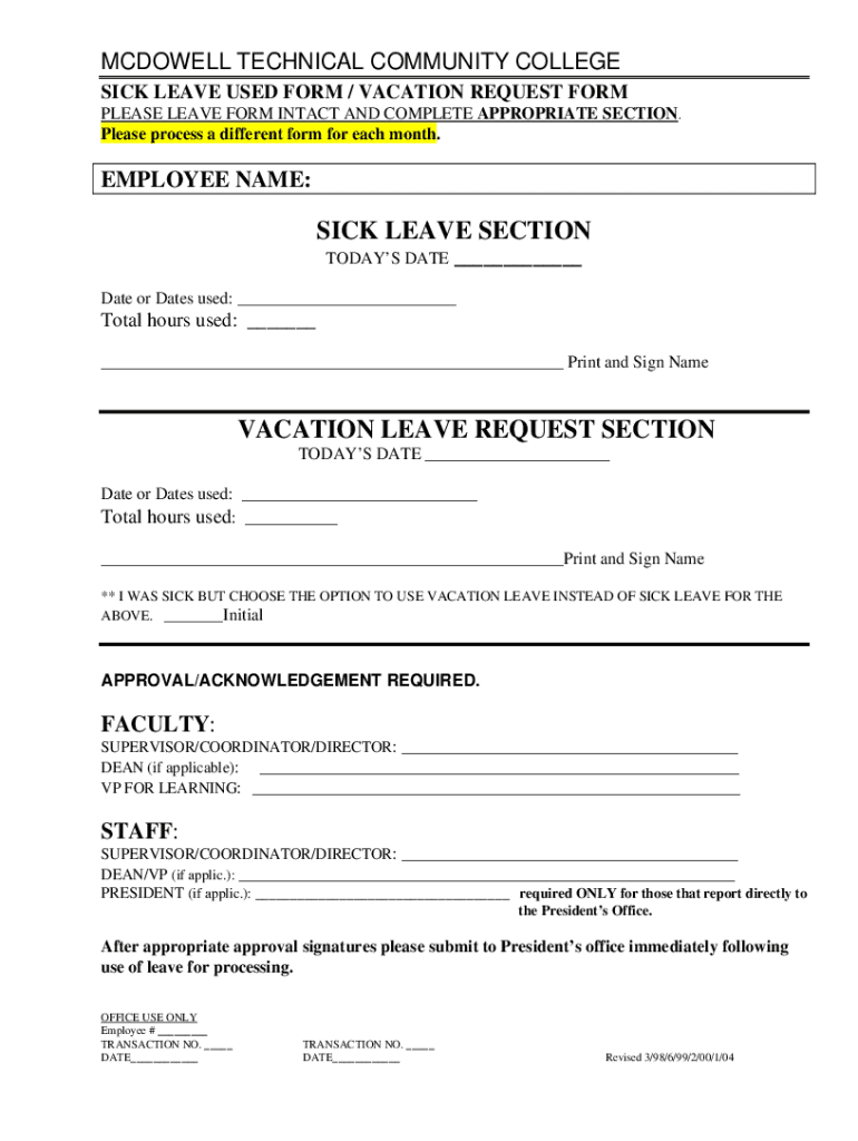 Fillable Online sick leave used form / vacation request form Fax Email Print - pdfFiller