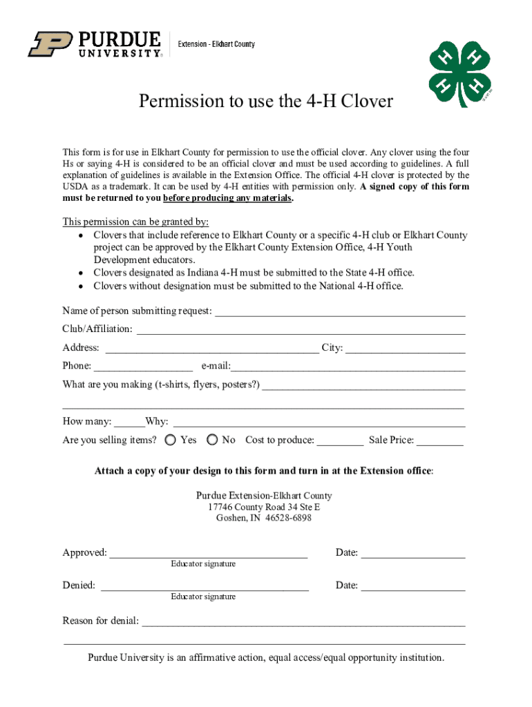 Fillable Online extension purdue Use of the 4-H Clover Copyright ...