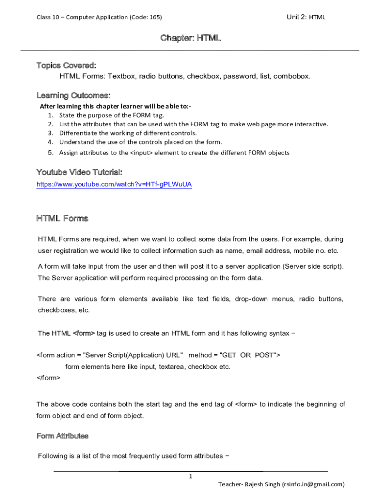 Fillable Online HTML Forms For CBSE Class 10 Computer Applications Fax ...