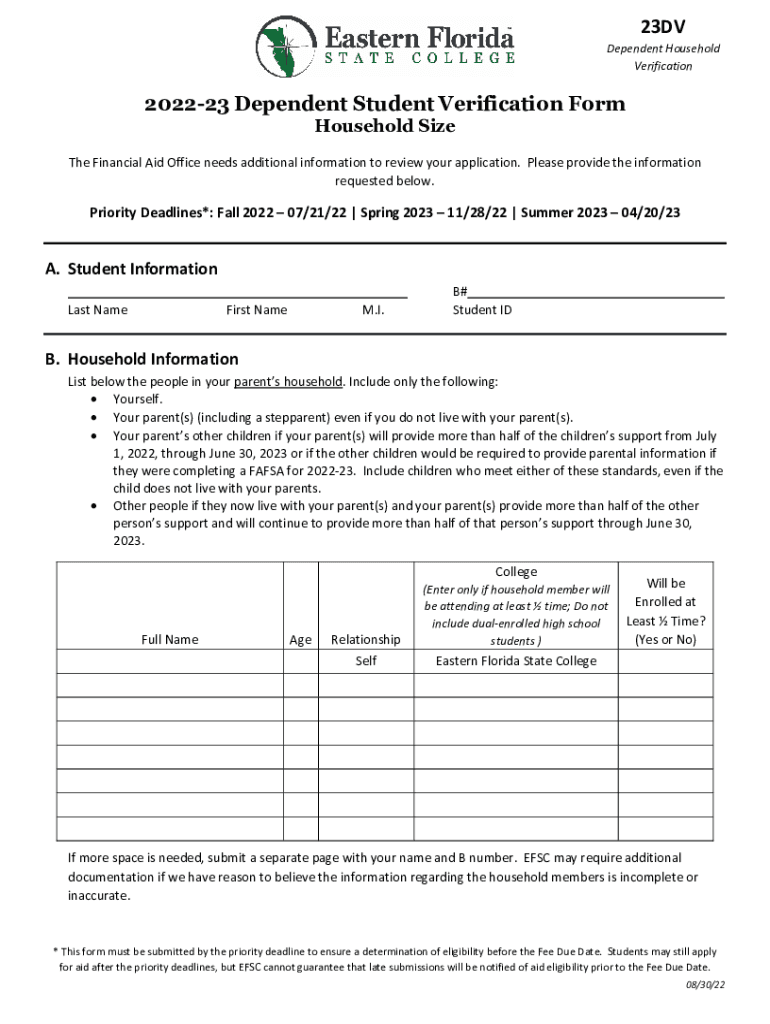 Fillable Online 2022-23 Dependent Student Verification Form - Household ...