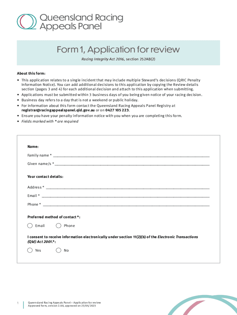 Fillable Online Form 1, Application for reviewQueensland Racing Appeals ...