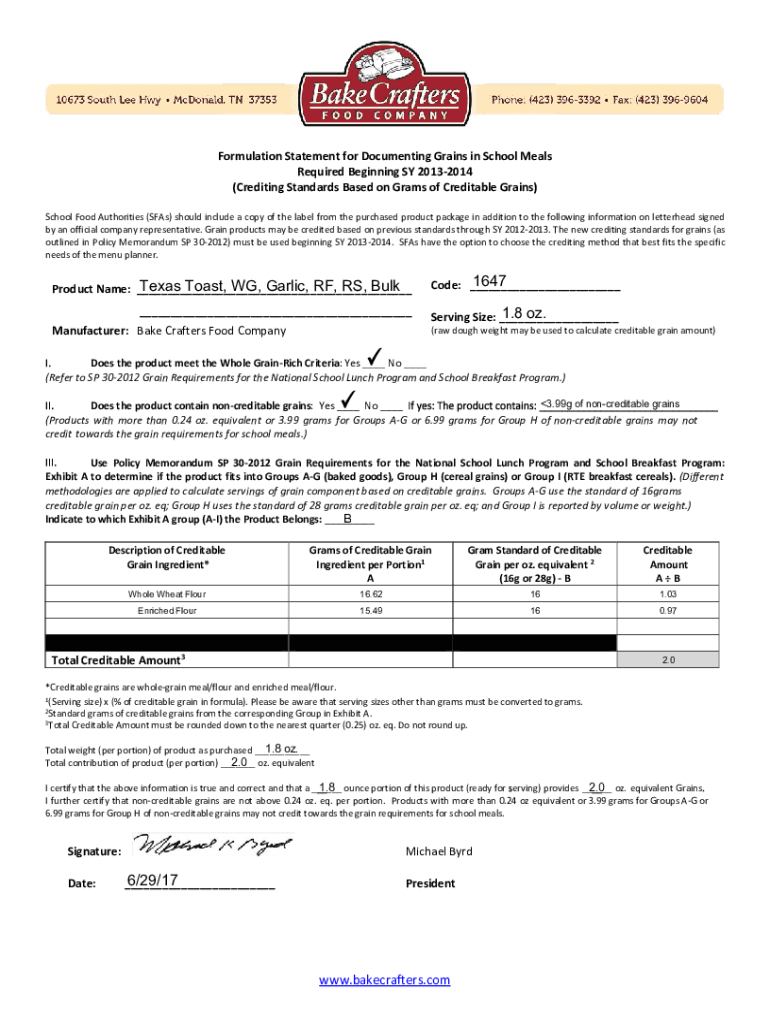Fillable Online Formulation Statement for Documenting Grains in ... Fax ...