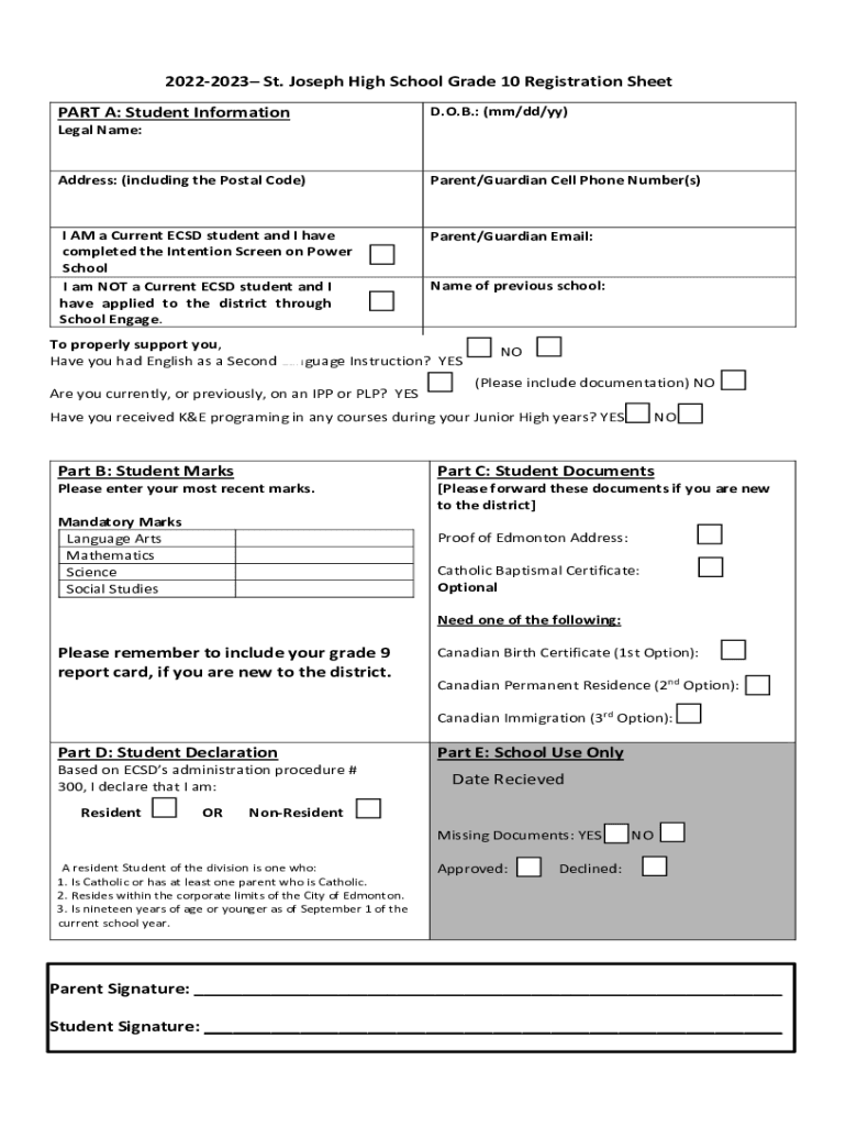 Fillable Online St. Joseph High School Grade 10 Registration Sheet Fax ...
