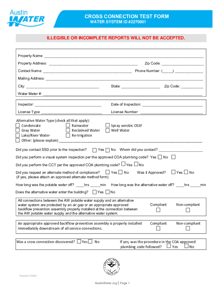 Fillable Online CROSS CONNECTION TEST FORM Fax Email Print - pdfFiller