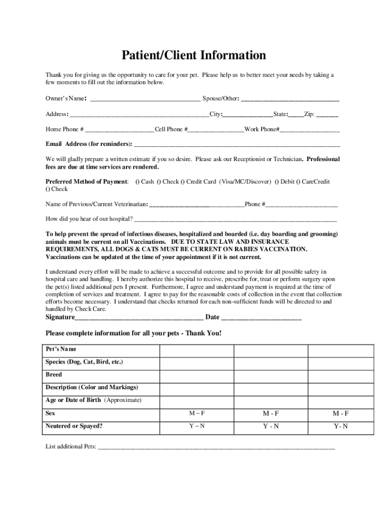 Fillable Online Patient/Client Information - Four Paws Animal Hospital ...