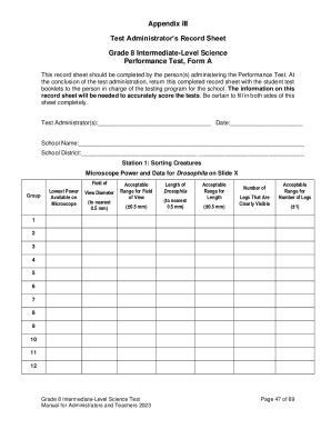 Fillable Online Appendix III Test Administrator's Record Sheet Grade 8 ...